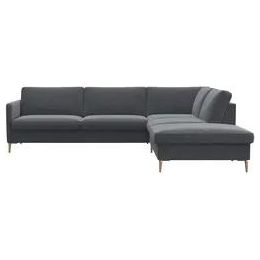 Ecksofa FLEXLUX "Fiore, super Sitzkomfort durch Kaltschaum im Sitz, L-Form" Sofas Gr. B/H/T: 266cm x 85cm x 225cm, Velvet, Ottomane rechts, grau (soft grau) schmale Armlehnen, Füße Alu+ Eiche