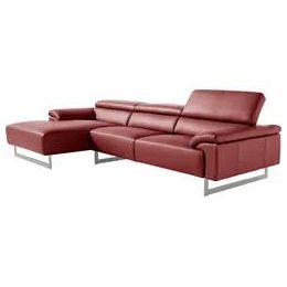 Ecksofa Egoitaliano "Malika, L-Form" Sofas Gr. B/H/T: 287cm x 94cm x 165cm, Leder BULL, Recamiere links, mit Kopfteilverstellung, rot (burgundy) mit Recamiere, inkl. Kopfteilverstellung und chromfarbenen Metallfüßen