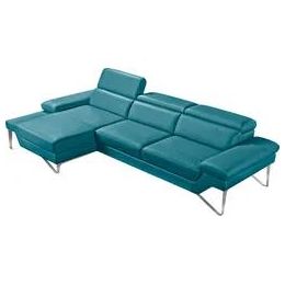 Ecksofa Egoitaliano "Princess, elegantes Designsofa mit erstklassigem Sitzkomfort, L-Form" Sofas Gr. B/H/T: 282cm x 95cm x 168cm, Leder CAREZZA, Recamiere links, mit Kopfteilverstellung, blau (türkis) mit Recamiere, inkl. Kopfteilverstellung, edle Designmetallfüße