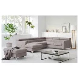 Wohnlandschaft COTTA "Sammy U-Form" Sofas Gr. B/H/T: 304cm x 74cm x 240cm, Struktur fein, Recamiere links, Mit Kopfteilverstellung-Ohne Bettfunktion und Bettkasten, grau (stone) mit Kopfteilverstellung, optional Bettfunktion und Bettkasten