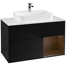 Villeroy & Boch Villeroy und Boch Finion Waschtischunterschrank G371GNPH 100cm, Abdeckplatte white matt, Emotion, Regal rechts Walnut veneer, Glossy Black Lacquer