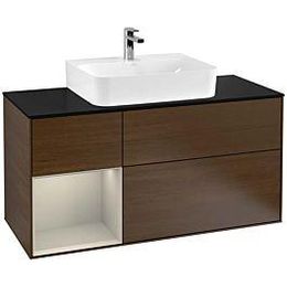 Villeroy & Boch Villeroy und Boch Finion Waschtischunterschrank F162HHGN 120cm, Abdeckplatte black matt, Regal links Sand Matt Lacquer, Walnut veneer