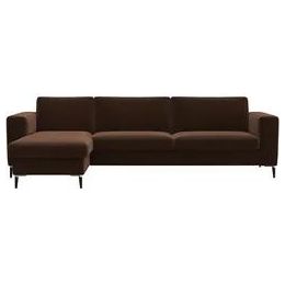 Ecksofa FLEXLUX "Fiore, super Sitzkomfort durch Kaltschaum im Sitz, L-Form" Sofas Gr. B/H/T: 262cm x 85cm x 92cm, Velvet, Chaiselongue links, braun (tobacco) breite Armlehnen, Kaltschaum, Füße Alu+schwarz