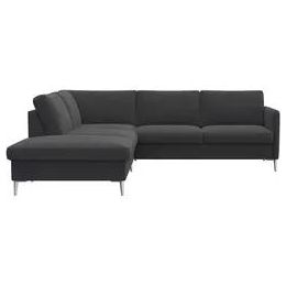 Ecksofa FLEXLUX "Fiore, L-Form" Sofas Gr. B/H/T: 234cm x 85cm x 225cm, Lederoptik, Ottomane links, grau (shark grey) schmale Armlehnen, Füße alufarben, BT 234225 cm, Kaltschaum im Sitz