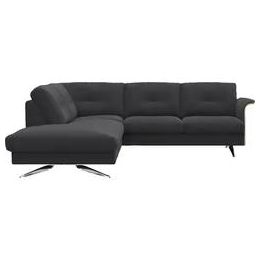 Ecksofa FLEXLUX "Glow, super bequem durch hochwertigem Sitzaufbau mit Federkern, L-Form" Sofas Gr. B/H/T: 236cm x 81cm x 224cm, Lederoptik, Ottomane rechts, Armlehnen in geölter Eiche, schwarz (gorilla black) Modernes skandinavisches Design