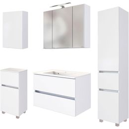 Badmöbel-Set Welltime "Welltime Möbel Baabe Waschtisch-Set 3tlg. oder 5tlg.", weiß (matt weiß), Set 14 5tlg.: Waschtisch 80cm breit, Spiegelschrank 80cm breit, Hängeschrank, Unterschrank, Seitenschrank, Holzwerkstoff, Kastenmöbel-Sets, gedämpfte Scharniere und Softclose-Funktion, inklusive LED-Beleuchtung