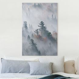 Bilderwelten Leinwandbild Wald modern Kunstdruck bunt - Herbstlicher Nebelwald - B&auml;ume XXL Wohnzimmer Schlafzimmer