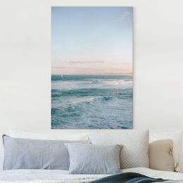 Bilderwelten Leinwandbild Strand Motiv Kunstdruck t&uuml;rkis - Windsurfen in Pastell - Wandbild XXL Wohnzimmer Schlafzimmer