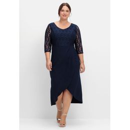 Abendkleid sheego "Große Größen" Gr. 44, Normalgrößen, blau (marine) Damen Kleider Partykleid in Wickeloptik, mit Spitze und 34 Arm