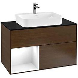 Villeroy & Boch Villeroy und Boch Finion Waschtischunterschrank F362GFGN 100cm, Abdeckplatte black matt, Regal links Glossy white lacquer, Walnut veneer