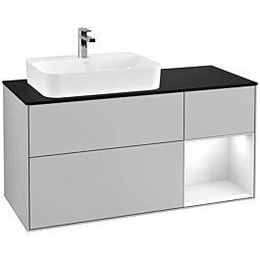 Villeroy & Boch Villeroy und Boch Finion Waschtischunterschrank G402GFGJ 120cm, Abdeckplatte black matt, Emotion, Regal rechts Glossy white lacquer, Light grey matt