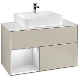 Villeroy & Boch Villeroy und Boch Finion Waschtischunterschrank F111MTHH 100cm, Abdeckplatte black matt, Regal links White matt lacquer, Sand Matt Lacquer