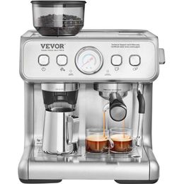 Vevor Espressomaschine mit Mahlwerk, 15 Bar Halbautomatische Espressomaschine mit Milchaufschäumer, Dampfdüse, Abnehmbarem Wassertank und Druckmesser