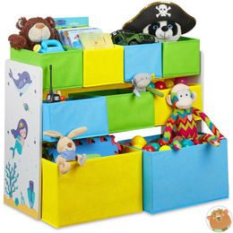 Kinderregal mit 9 Stoffboxen, Meerjungfrau Kindermotiv, Spielzeugregal Organizer hbt 66 x 82,5 x 29,5 cm, bunt - Relaxdays