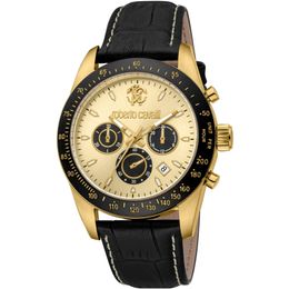 Chronograph Roberto Cavalli "Uomo Chrono" Armbanduhren schwarz, champagnerfarben Herren Quarzuhr, Armbanduhr, Herrenuhr, Lederarmband, analog, Tag