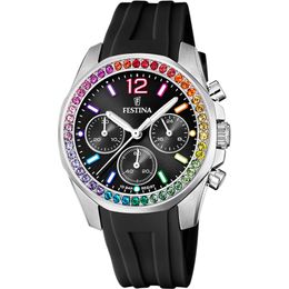 Chronograph Festina "Boyfriend, F20610/3" Armbanduhren schwarz Damen Armbanduhr, Quarzuhr, Damenuhr, Stoppfunktion, Regenbogen