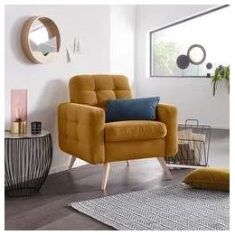 Sessel exxpo - SOFA FASHION "Nappa, Loungesessel, aktuelle Rückensteppung, bequem und modern" Gr. Samtvelours, B/H/T: 81cm x 87cm x 78cm, gelb (mustard) Einzelsessel hoher Holzfuß