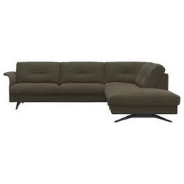 Ecksofa FLEXLUX "Glow bequem und komfortabel durch hochwertigen Sitzaufbau, L-Form" Sofas Gr. B/H/T: 268cm x 81cm x 224cm, Lederoptik, Ottomane links, Armlehnen in Walnuss, braun (camel brown) Skandinavisches Design, In hochwertiger Verarbeitung