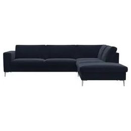 Ecksofa FLEXLUX "Fiore, super Sitzkomfort durch Kaltschaum im Sitz, L-Form" Sofas Gr. B/H/T: 273cm x 85cm x 225cm, Velvet, Ottomane rechts, blau (royal blau) breite Armlehnen, Füße Alu