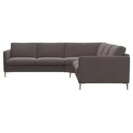 Ecksofa FLEXLUX "Fiore, gleichschenklig, bequem durch hochwertigem Sitzaufbau" Sofas Gr. B/H/T: 249cm x 85cm x 92cm, Struktur, Schenkel links, braun (taupe brown) schmale Armlehnen, Kaltschaum, Füße Alu+ Eiche