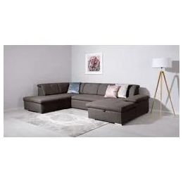 Wohnlandschaft Home Affaire "KARDA B/T/H: 328/215/95 cm, Liegefläche 256/126 cm" Sofas Gr. B/H/T: 328cm x 95cm x 215cm, Struktur, Ottomane rechts, grau (anthrazit) verstellbare Kopfstützen und Armlehne, U-form, Bettkasten, Federkern