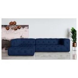 Ecksofa Places of Style "FOLLINA" Sofas Gr. B/H/T: 325cm x 71cm x 228cm, Samtoptik, Ottomane links, blau (dunkelblau) L-Form, mit klassischer Chesterfield-Knopfheftung