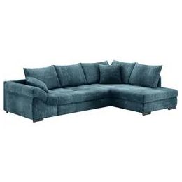 Ecksofa Inosign "Allegro DuraFlex, L-Form" Sofas Gr. B/H/T: 303cm x 86cm x 202cm, Velours, Ottomane rechts, blau (dolce 13 ocean) Hochschläfer-Bettauszug, Kaltschaumpolsterung, bis 140 kg belastbar