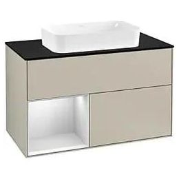 Villeroy & Boch Villeroy und Boch Finion Waschtischunterschrank F242MTHH 100x60,3cm, Abdeckplatte black matt, Regal links White matt lacquer, Sand Matt Lacquer