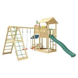 Spielturm Jungle Gym "Veranda" Spieltürme grün (dunkelgrün) Kinder Spielanlage mit Schaukel, Kletterbock und Rutsche Wasseranschluss