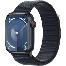 Smartwatch Apple "Watch Series 9 Aluminium" Smartwatches Gr. 45 mm, Cellular, One-Size, Sport Loop, schwarz (mitternacht) Sport Loop