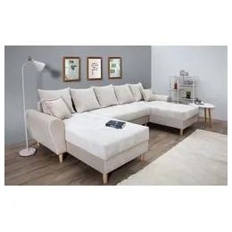 Wohnlandschaft Collection AB "Raisa U-Form" Sofas Gr. B/H/T: 314 cm x 45 cm x 158 cm, Samt-Cord, Mit Federkern, beige mit Federkern, Kissen und Steppung im Sitzbereich