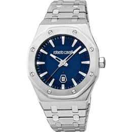 Quarzuhr Roberto Cavalli "Uomo Ottagono", silber (silberfarben, dunkelblau), Armbanduhren, Herren, Armbanduhr, Herrenuhr, Edelstahlarmband, analog, Tag