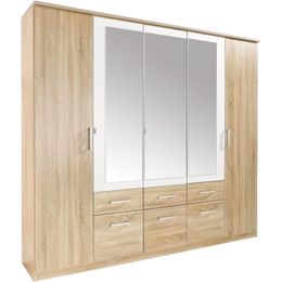 Kleiderschrank Rauch "Drehtürenschrank Schrank Garderobe BURANO" Schränke Gr. B/H/T: 226 cm x 212 cm x 58 cm, 5 St., weiß (eiche sonoma, alpinweiß) mit Schubladen und Spiegelumrandung in Farbabsetzung MADE IN GERMANY