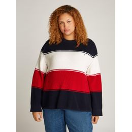 Rundhalspullover Tommy Hilfiger Curve "CRV CO CARDI STITCH C-NK SWT" Gr. 46, bunt (rot, wss, bl gestr) Damen Pullover Große Größen