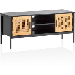 FineBuy Lowboard Schwarz / Eiche mit Wiener Geflecht 110x48x40 cm TV-Kommode Zeitlos, Design TV-Schrank Hoch, Fernsehtisch Fernsehschrank mit Türen,