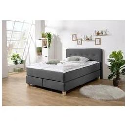 Boxspringbett Home Affaire "Fargo", grau (anthrazit), B:153cm L:207cm, Struktur fein (100% Polyester), Samtstoff (100% Polyester), Komplettbetten, inkl. Topper, in 3 Matratzenarten, in Samt- oder Strukturstoff