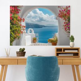 Bilderwelten Leinwandbild Strand Motiv Kunstdruck bunt - Santorini Blick durch Steinbogen - Griechenland XXL Wohnzimmer Schlafzimmer