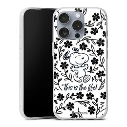 DeinDesign iPhone 16 Pro Handy Silikon H&uuml;lle Case wei&szlig; Handyh&uuml;lle Peanuts Flowers Snoopy Silikon Case