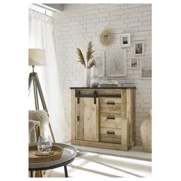 Kommode Home Affaire "SHERWOOD", braun (old style hell dekor), B:93cm H:91cm T:43cm, Sideboards, Kombikommode, Holz Dekor, mit Scheunentorbeschlag und Apothekergriffen, Breite 92 cm