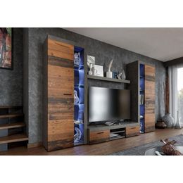 Mediawand Alvor xl Wohnwand 4-teilig mit led 300 cm klassisch old wood matera - Furnix