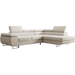 Stevil - Ecksofa L-Sofa mit Schlaffunktion, Bettkasten, Ottomane rechts, Veloursbezug Hellbeige - Selsey