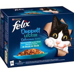 FELIX® Katzen-Nassfutter Doppelt lecker Délicieux duos Geschmacksvielfalt aus dem Wasser 12x 85,0 g