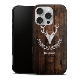 DeinDesign iPhone 16 Pro Handy Slim Case extra d&uuml;nn Silikon Handyh&uuml;lle schwarz H&uuml;lle Wooden Look Deer Wood Silikon Slim Case
