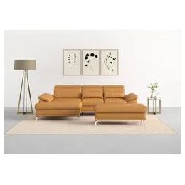 Sit & More Ecksofa SIT&MORE "Cabrio L-Form" Sofas Gr. B/H/T: 295 cm x 87 cm x 180 cm, NaturLEDER, Recamiere links, mit Bettfunktion-mit Bettkasten-mit Sitztiefenverstellung-mit Kopfteilverstellung-mit Armteilfunktion-mit 2 Nierenkissen-Bett im Stoff bezogen, gelb (curry) mit Sitztiefen- und Armteilverstellung sowie Federkern, 2 Nierenkissen