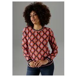 Shirtbluse Aniston SELECTED, Damen, Gr. 42, orange (dunkelblau, orange, hellblau, schwarz), Cru00eape, Web, Obermaterial: 95% Polyester, 5% Elasthan, gemustert, gestreift, bedruckt, modisch, figurumspielend hüftbedeckend, Rundhals, Langarm Rippbündchen, Blusen, mit sportiven Bündchen