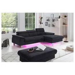 Ecksofa COTTA "Komaris L-Form" Sofas Gr. B/H/T: 244cm x 72cm x 166cm, Microfaser PRIMABELLE, Recamiere rechts, ohne Bettfunktion-ohne Bettkasten-mit RGB-LED-Beleuchtung, grau (lava) mit Kopfteilverstellung, wahlweise Bettfunktion,Stauraum & Beleuchtung