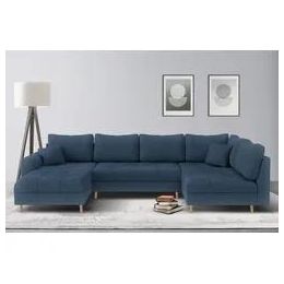 Wohnlandschaft Home Affaire "CHARRE U-Form, incl. 3 Zierkissen" Sofas Gr. B/H/T: 310cm x 81cm x 161cm, Cord, Recamiere links, blau (dunkelblau) auch in Cord und Bouclé, feine Steppung, lose Rückenkissen