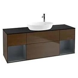 Villeroy & Boch Villeroy und Boch Finion Waschtischunterschrank G982HGGN 160cm, Abdeckplatte black matt, Emotion, Regale Midnight matt lacquer, Walnut veneer