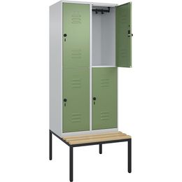 C+P Doppelstock-Spind Classic PLUS Sitzbank, 2 Abteile, lichtgrau / resedagrün, B 800 mm, Sicherheits-Drehriegel, untergebaut, Buche-Hartholz