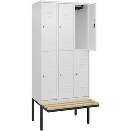 C+P Doppelstock-Spind Classic PLUS Sitzbank, 3 Abteile, verkehrsweiß, B 900 mm, Zylinderschloss, auskragend, Buche-Hartholz
